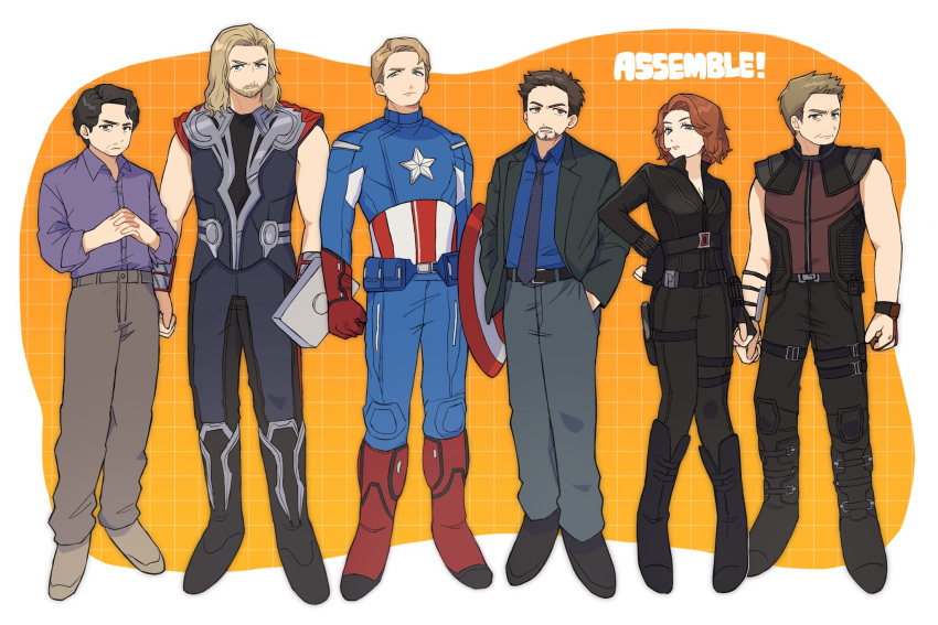Safebooru - 1girl 5boys armor avengers (series) bare shoulders beard belt black armor black belt ...