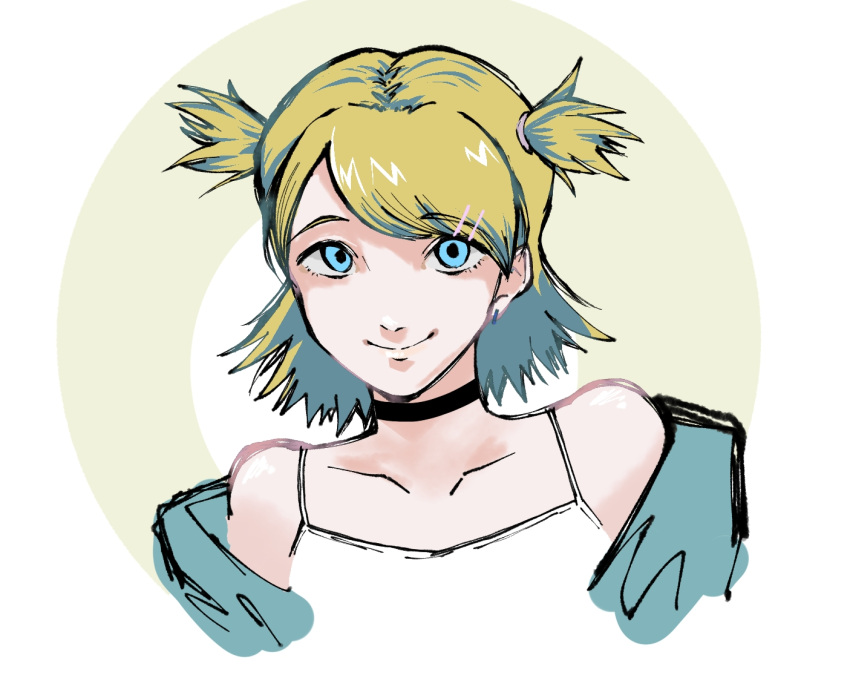 Safebooru - 1girl bare shoulders black choker blonde hair blue eyes blue jacket blue scrunchie ...