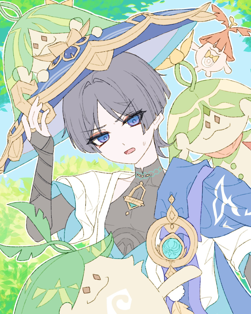 Safebooru - 1boy anemo symbol (genshin impact) aranara (genshin impact) arm at side armor black ...