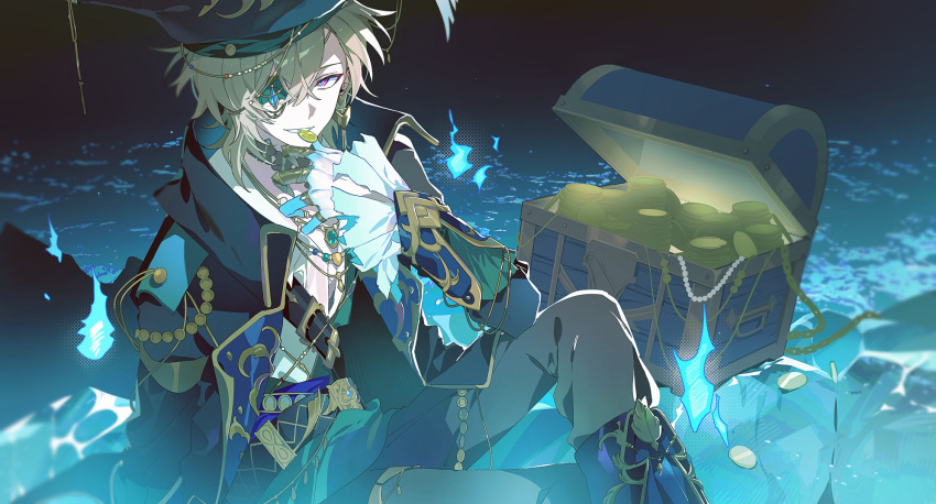 Safebooru - 1boy alternate costume arm support aventurine (honkai: star rail) belt black coat ...