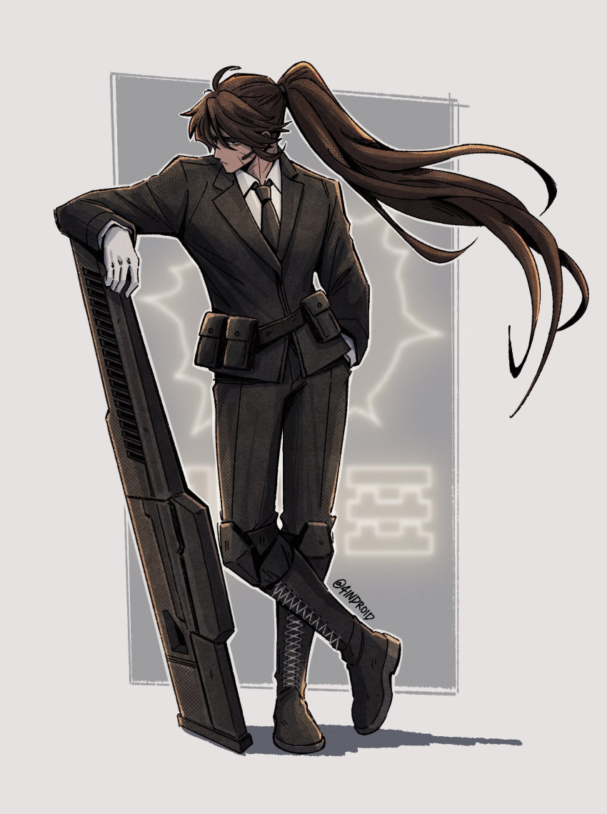 Safebooru - 1boy 4indroid ahoge belt black belt black footwear black jacket black necktie black ...