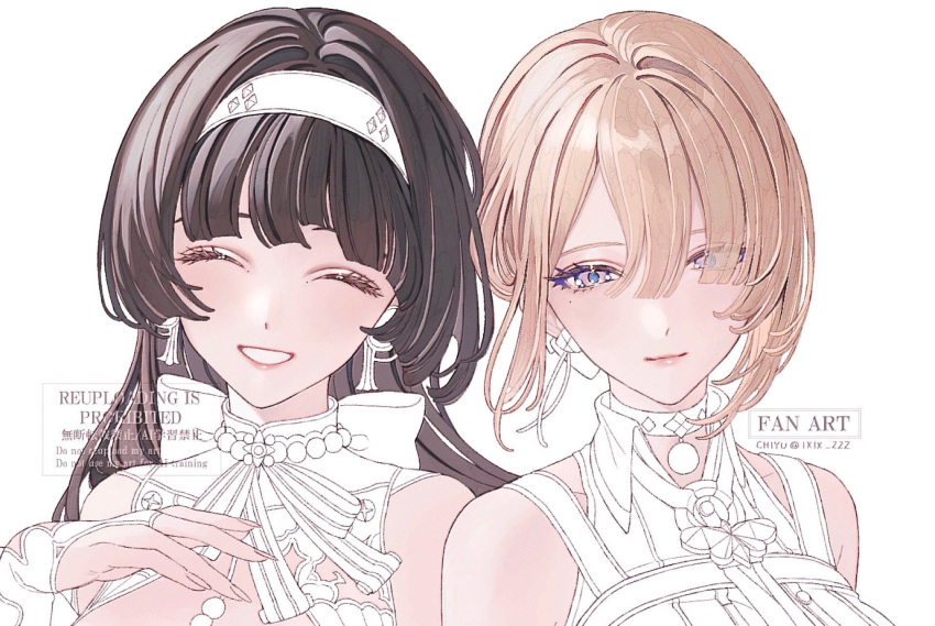 Safebooru - 2girls ao (ao0 0nemu) astra yao bead necklace beads blonde hair blunt bangs blunt ...