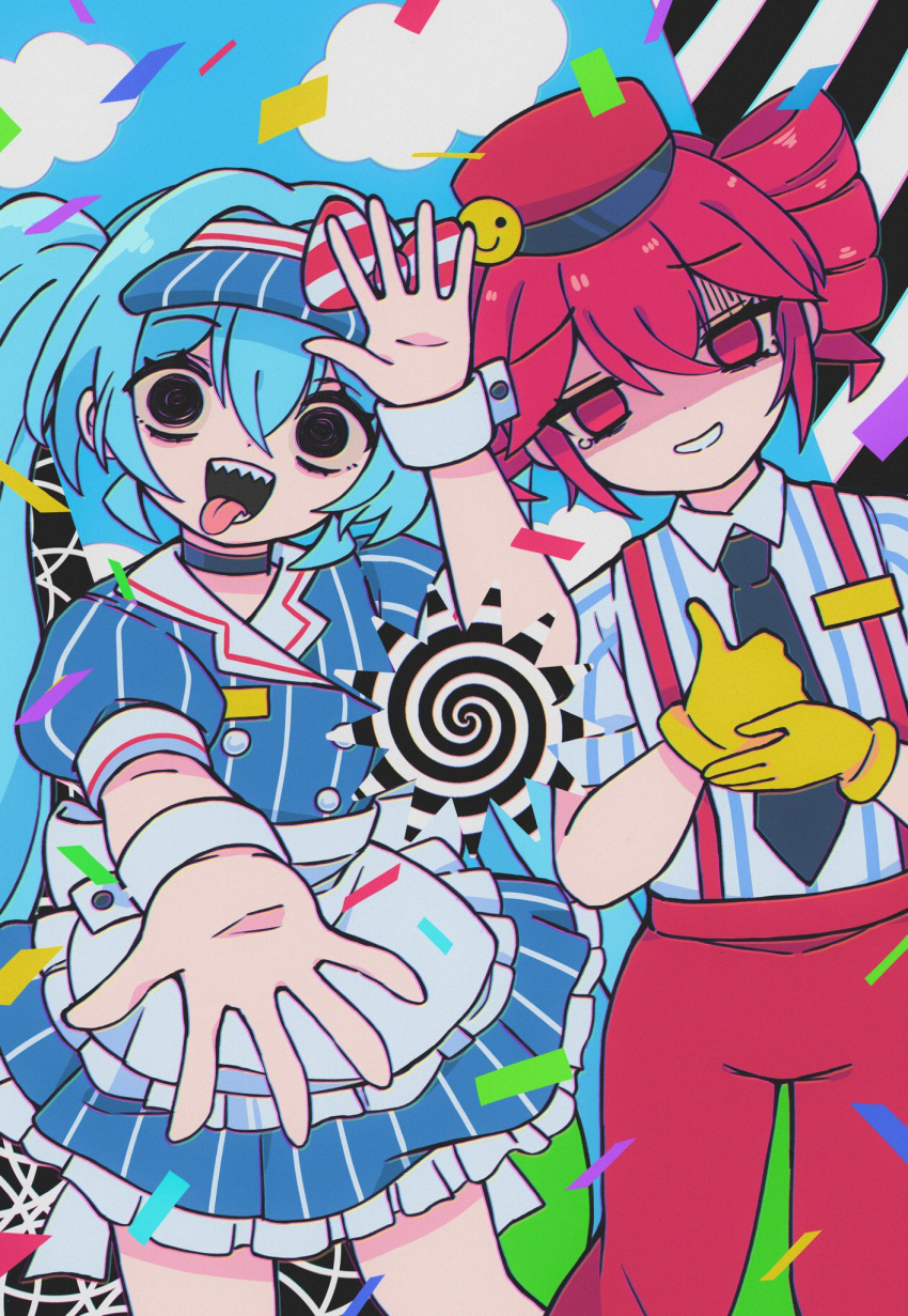 Safebooru - 2girls :d apron aqua hair black choker black eyes black ...