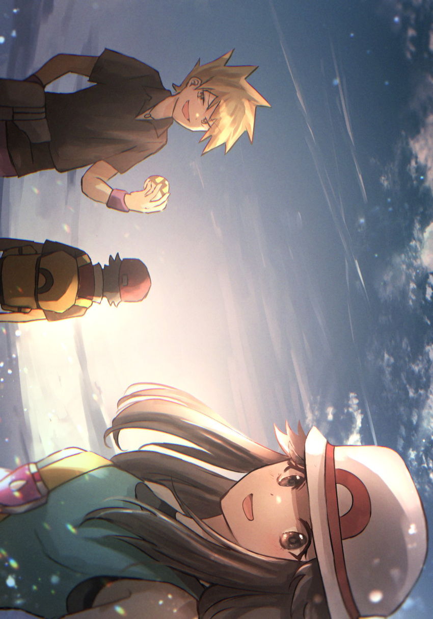 Safebooru - 1girl 2boys :d absurdres backpack bag blue oak brown eyes brown hair bucket hat ...