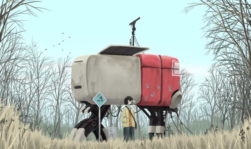 Safebooru - 1girl bare tree bird black hair black pants cable cigarette ...