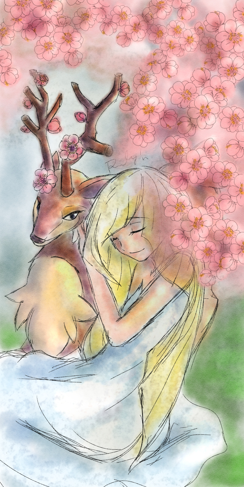 Safebooru - 1girl absurdres alternate costume antlers blonde hair cherry blossoms closed eyes ...