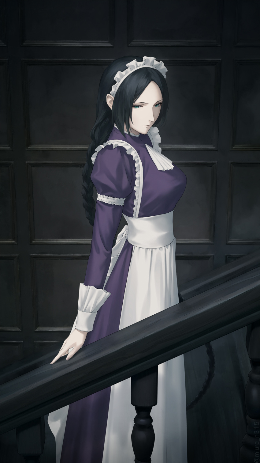 Safebooru - 1girl absurdres apron ascot black hair braid breasts closed ...