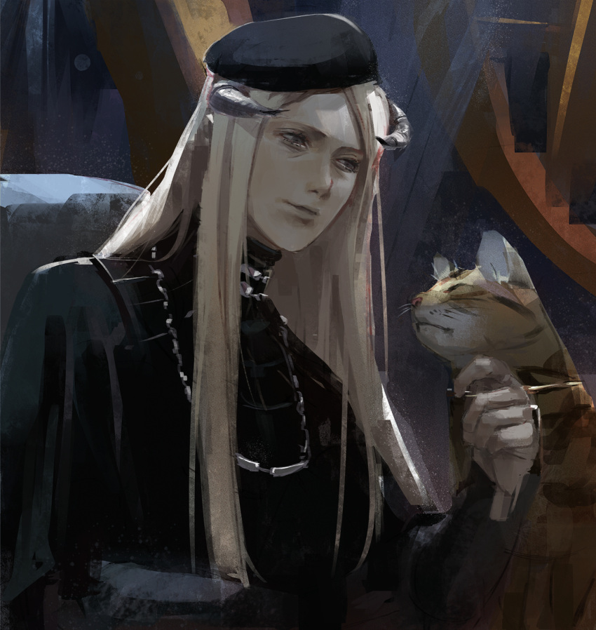 Safebooru - 1boy animal beret black hat black shirt blonde hair cat ...