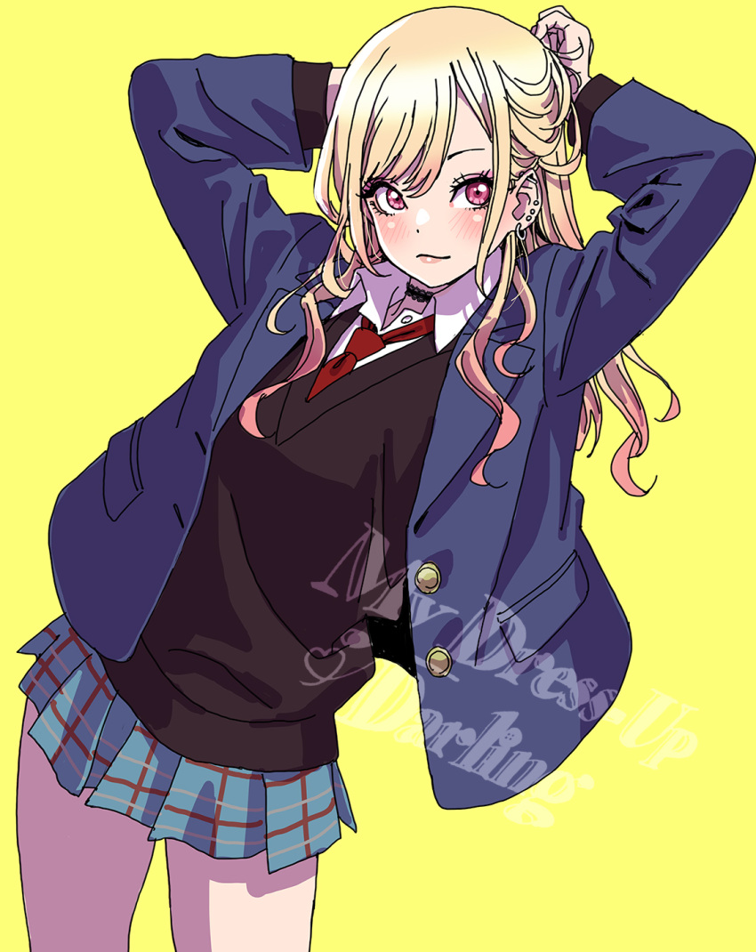 Safebooru - 1girl blonde hair blush ear piercing highres jacket kitagawa marin long hair necktie ...