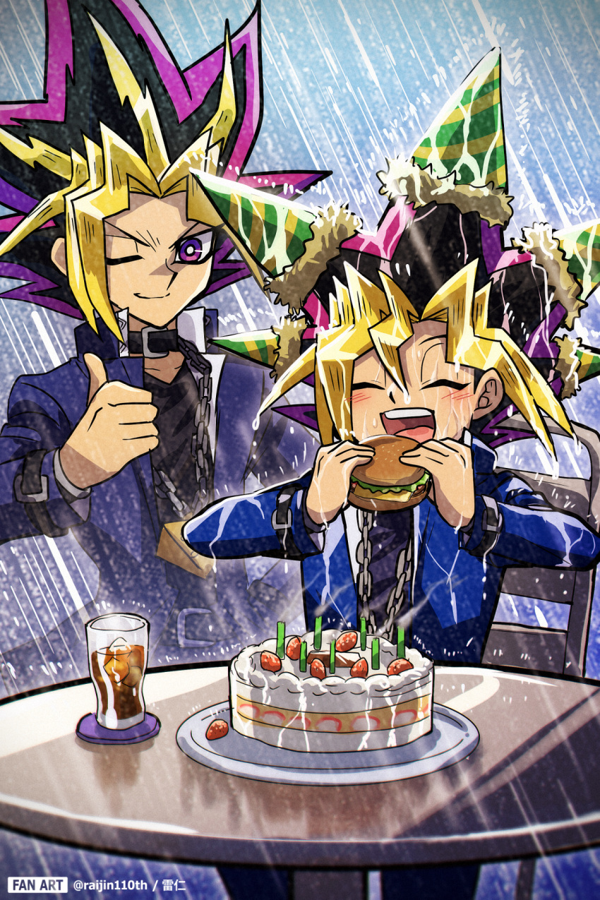 Safebooru - 2boys birthday cake blue jacket blush bright pupils burger ...