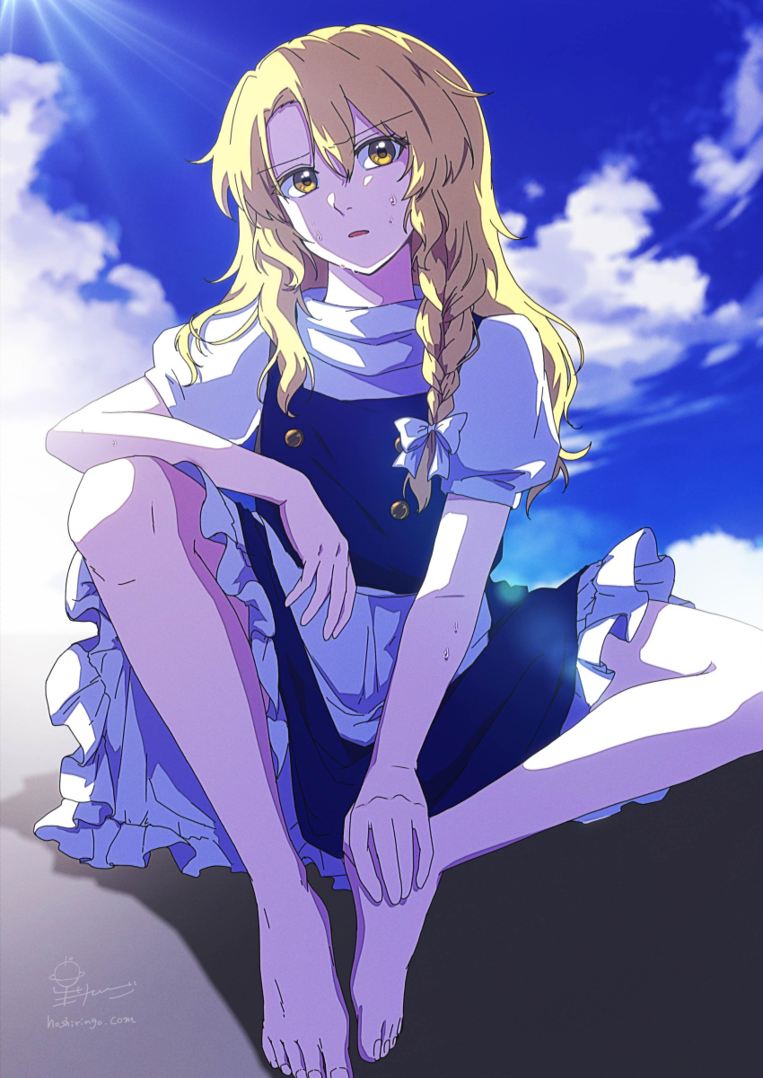 Safebooru - 1girl absurdres barefoot blonde hair braid buttons clouds cloudy sky day double ...