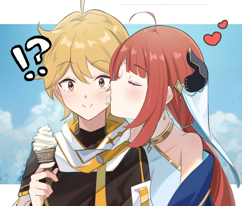 Safebooru - !? 1boy 1girl adapted costume aether (genshin impact) ahoge bare shoulders blonde ...
