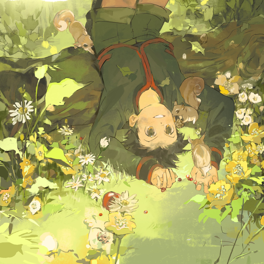 Safebooru - 1boy apple black hair flower food fruit gon freecss green shirt green shorts green ...