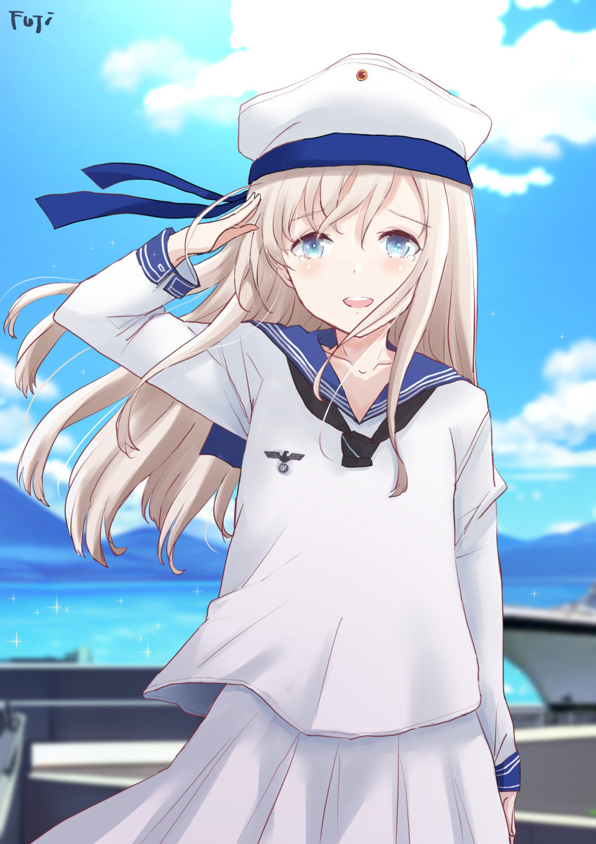 Safebooru - 1girl blonde hair blue eyes blue sailor collar blue sky clouds commission cowboy ...