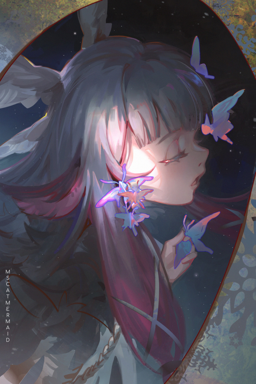 Safebooru - 1girl absurdres black hair bug butterfly butterfly on hand closed eyes closed mouth ...