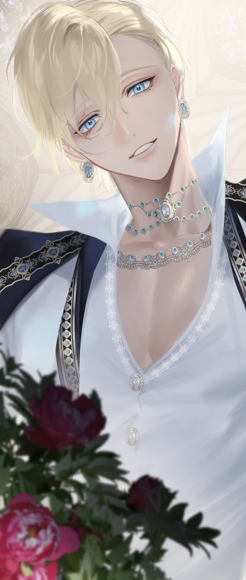 Safebooru - 1boy absurdres bishounen black jacket black necktie blonde hair blue gemstone blurry ...