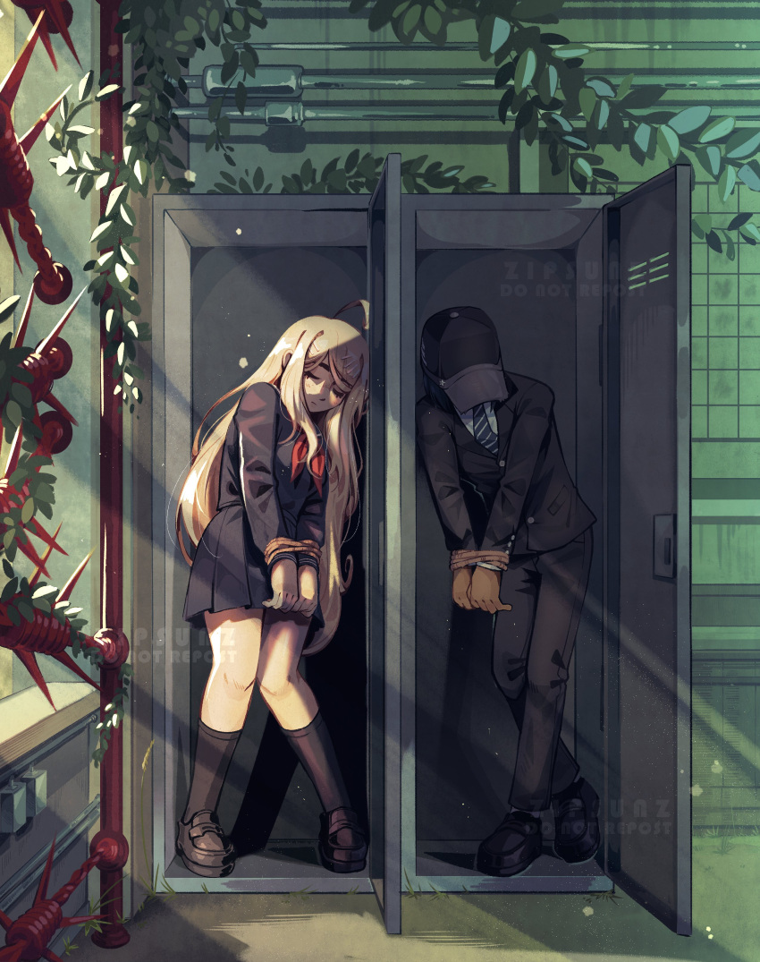 Safebooru - 1boy 1girl absurdres ahoge akamatsu kaede barbed wire black hair black jacket black ...