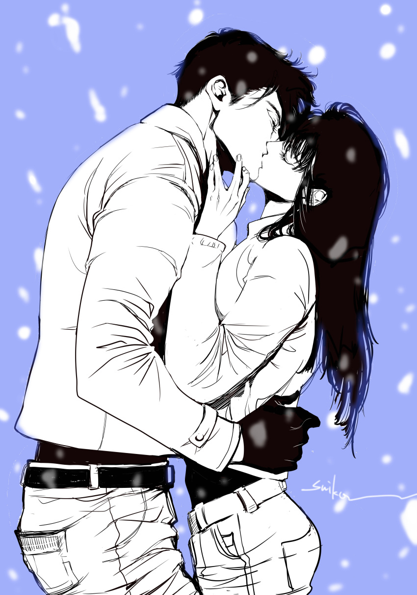 Safebooru - 1boy 1girl absurdres artist name belt eyelashes gloves hetero highres hug jacket ...