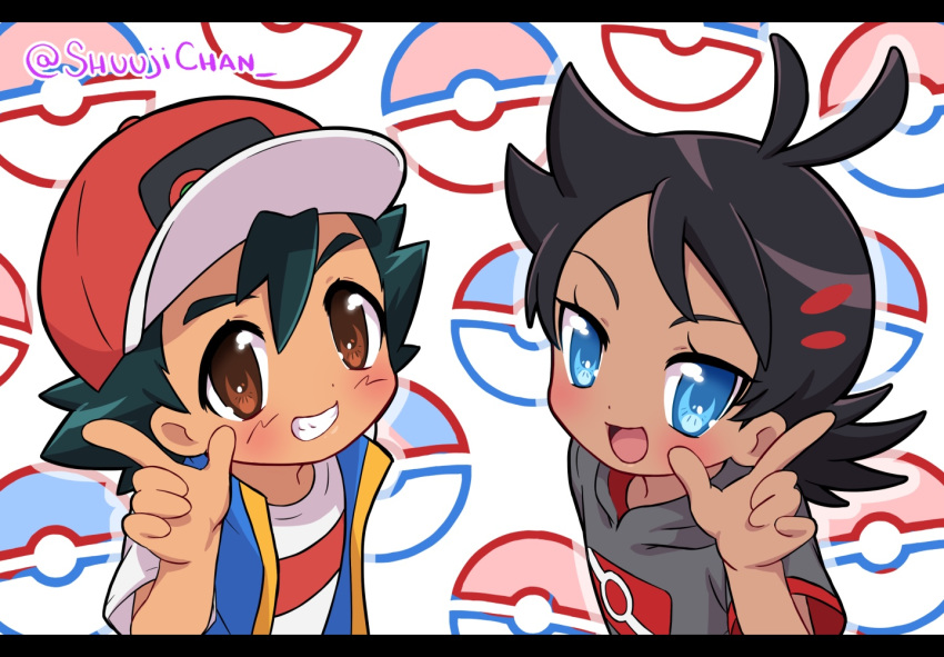 Safebooru - 2boys antenna hair artist name ash ketchum bangs baseball cap black hair blue eyes ...