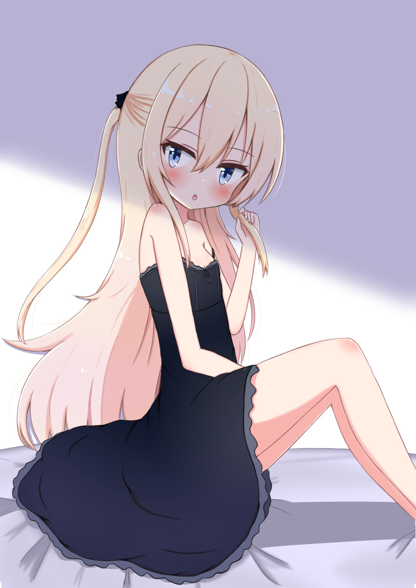 Safebooru - 1girl :o absurdres bangs bare arms bare shoulders bed sheet black dress blonde hair ...