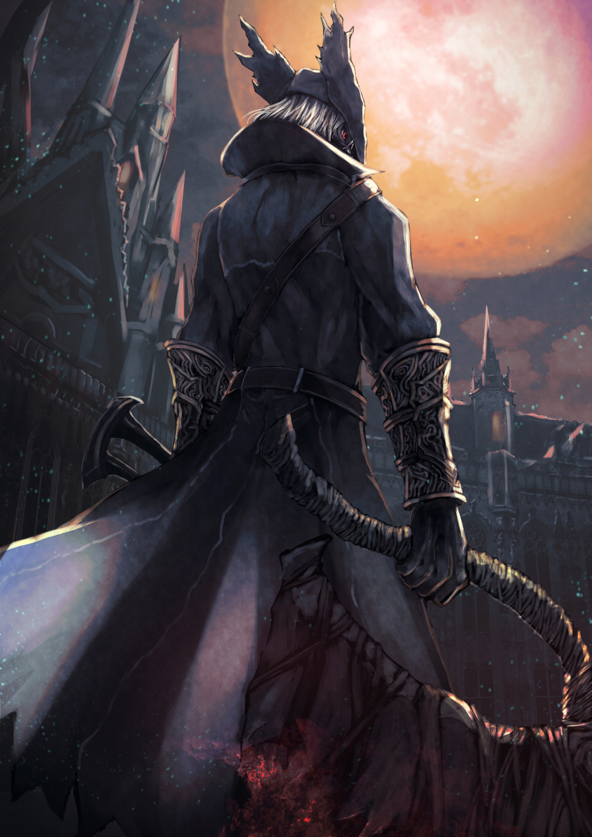 Safebooru - 1boy absurdres blood bloodborne building cloak gloves gun ...