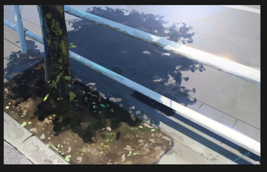 Safebooru - commentary request day dirt highres no humans original outdoors railing road scenery ...