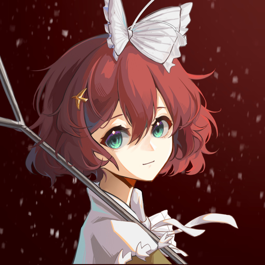 Safebooru - 1girl bow brown hair cape dugu jing flutterpage from side green eyes hair between ...