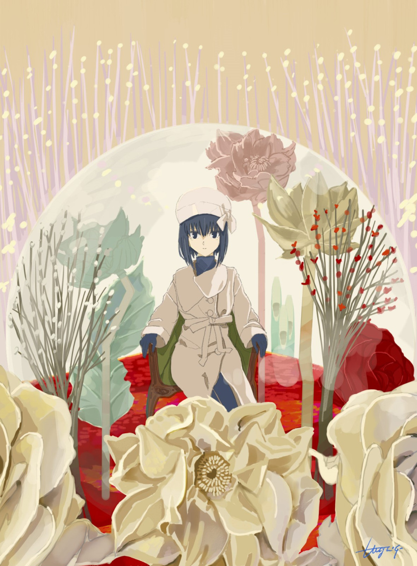 Safebooru - 1girl coat floral background full moon gloves hat highres ...