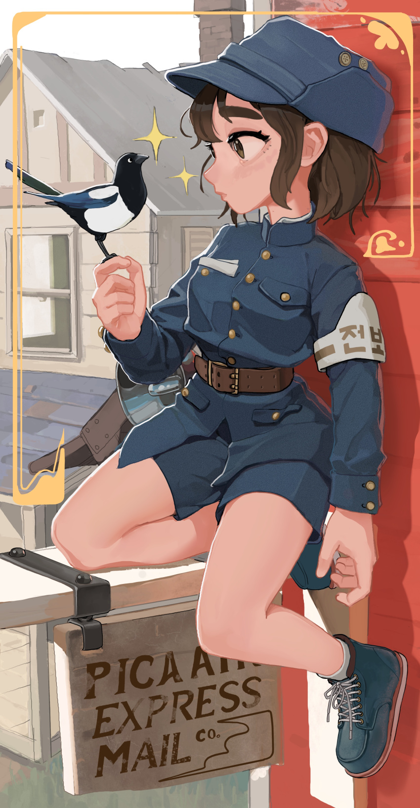 Safebooru - 1girl absurdres armband belt bird bird on hand blue hat blue jacket blue shoes blue ...