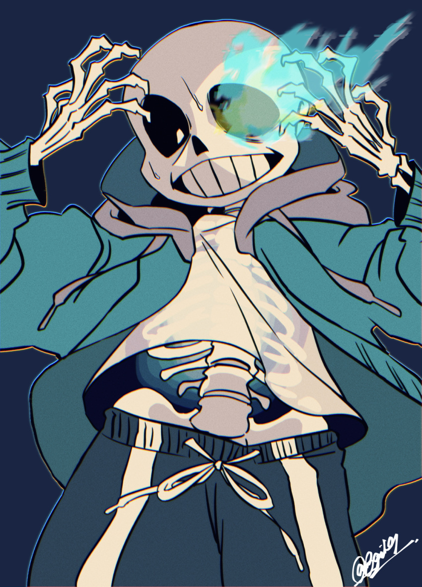 Safebooru - 1boy black shorts blue fire fire gloves grin highres hollow ...