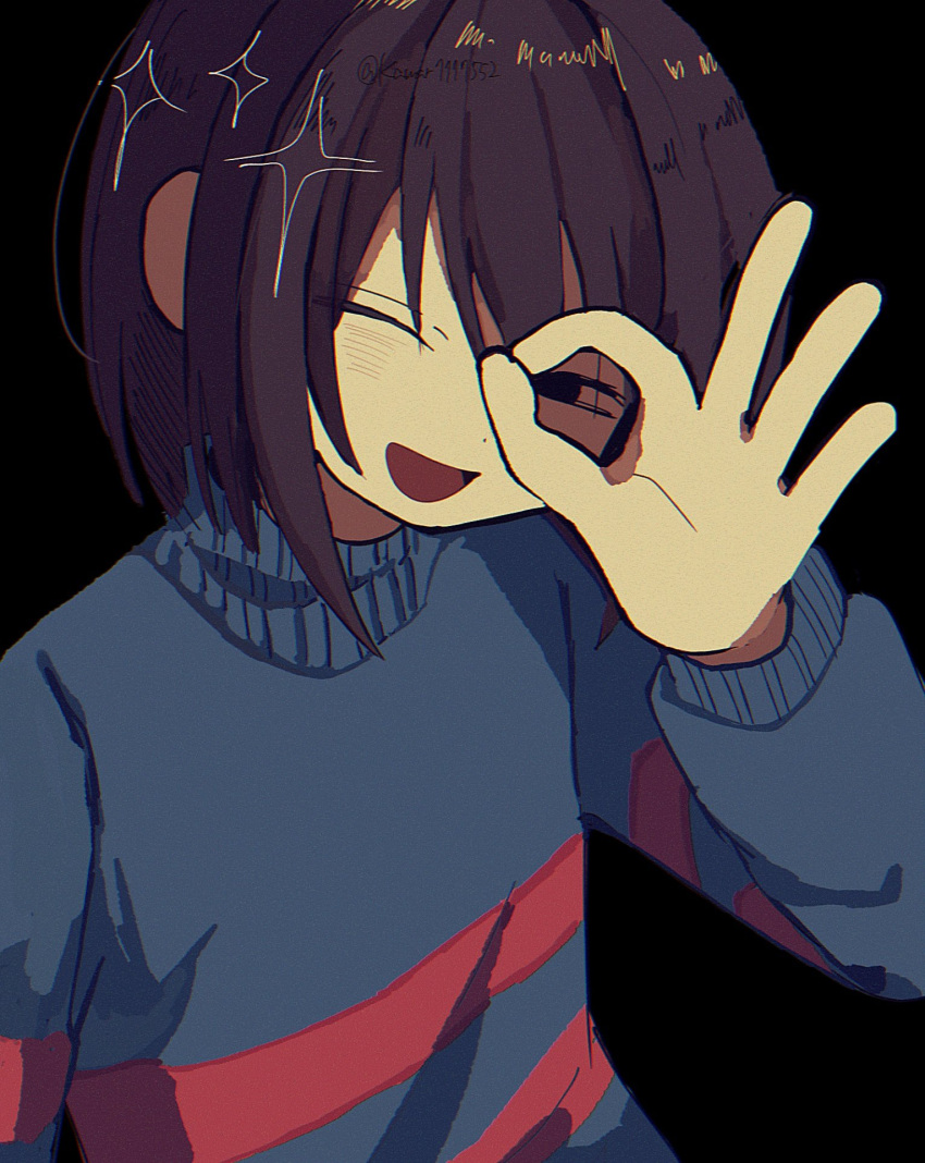 Safebooru - black background black eyes blue sweater brown hair double ...