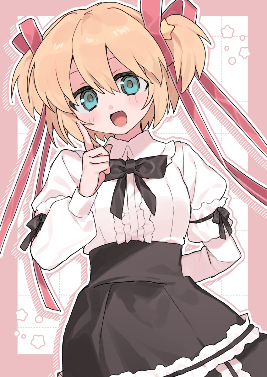 Safebooru - 1girl :d absurdres aqua eyes black bow black bowtie black skirt blush bow bowtie ...