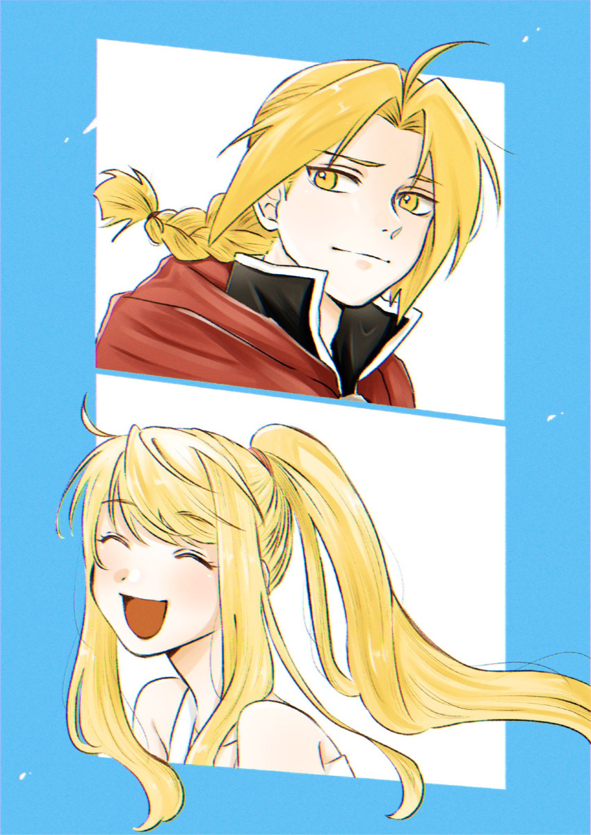 Safebooru - 1boy 1girl :d ^ ^ ahoge blonde hair blush braid closed eyes commentary cropped ...