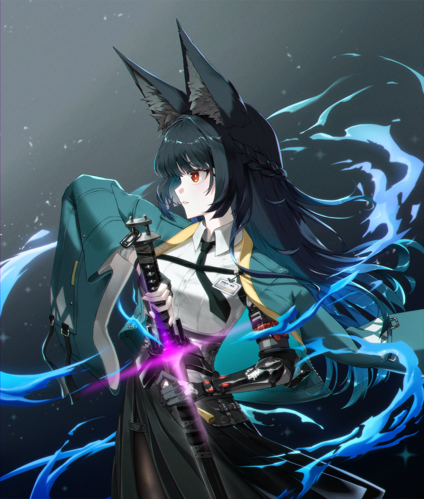 Safebooru - 1girl absurdres animal ear fluff animal ears black hair black necktie black skirt ...