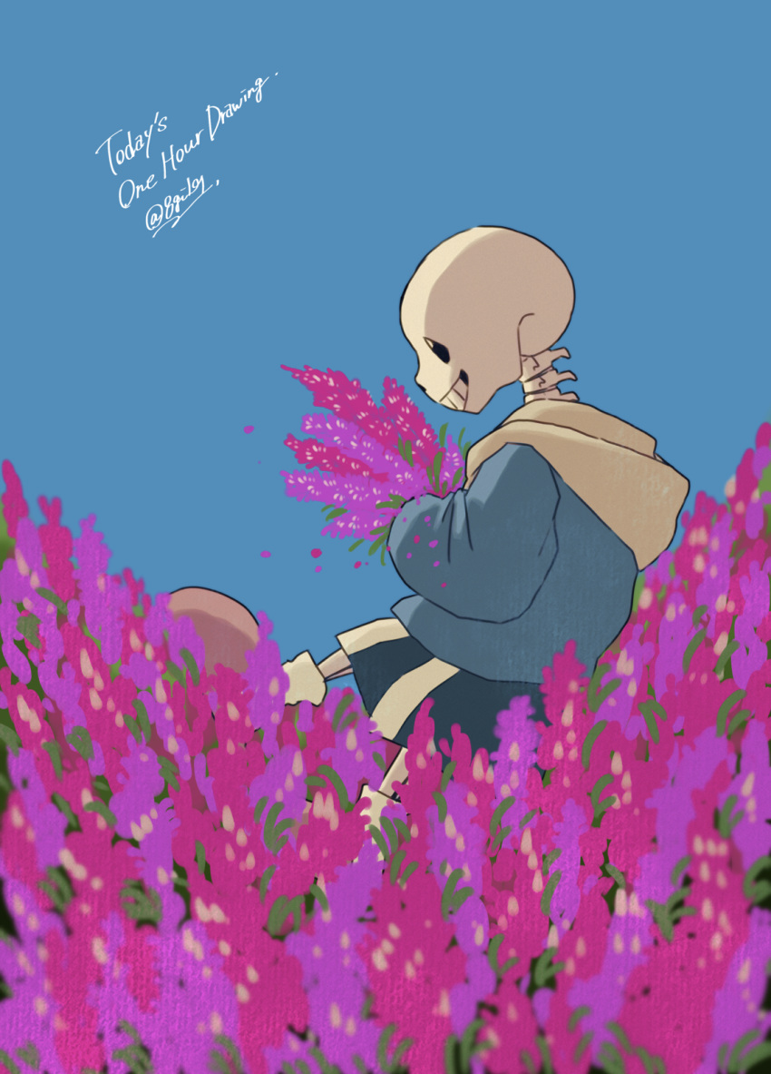 Safebooru - 1boy black shorts blue background blue jacket english text field flower flower field ...
