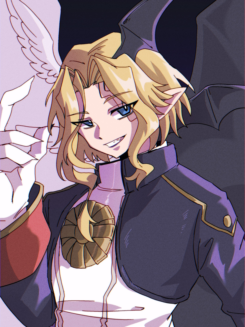 Safebooru - 1boy absurdres angel wings asymmetrical wings black background black wings blonde ...