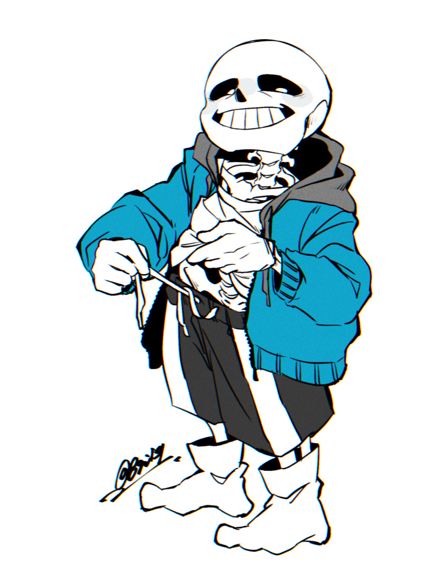 Safebooru - 1boy black shorts blue jacket bone full body gloves grin ...