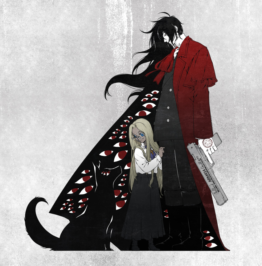 Safebooru - 1boy 1girl alucard (hellsing) black hair blonde hair blue eyes clinging coat dog ...