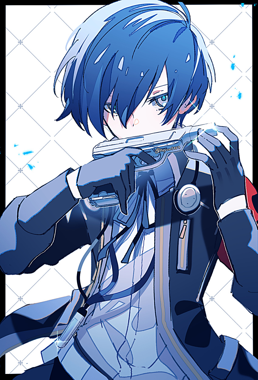Safebooru - 1boy black border black gloves black jacket blue hair border dress shirt evoker ...