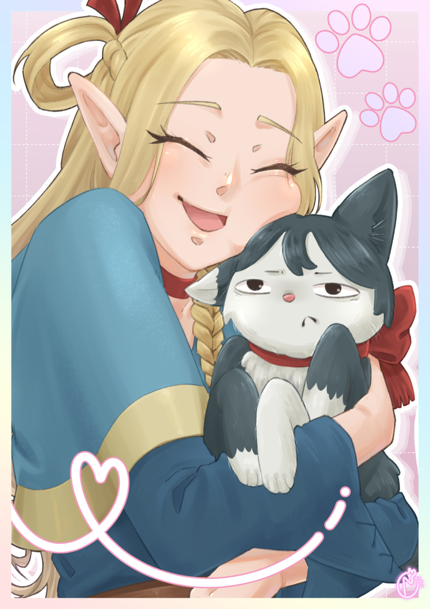 Safebooru - animal blonde hair cat cat girl closed eyes dungeon meshi elf happy highres holding ...