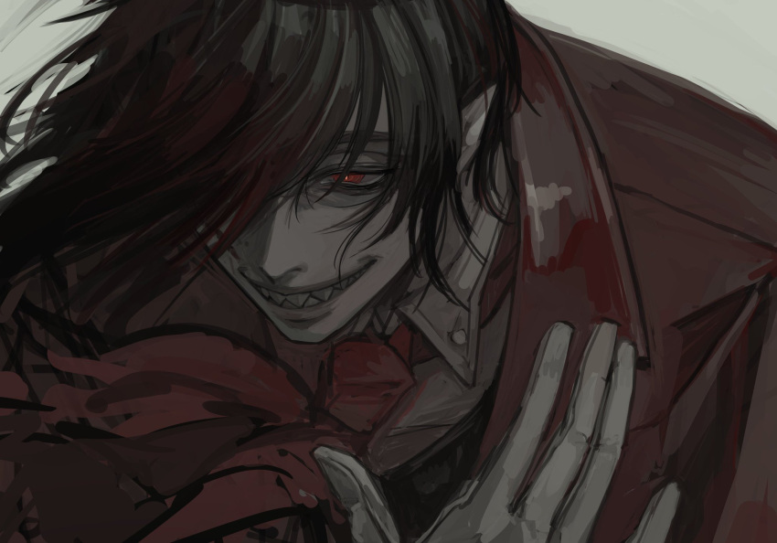 Safebooru - 1boy alucard (hellsing) black hair coat fatalbug896 gloves grey background grin hair ...