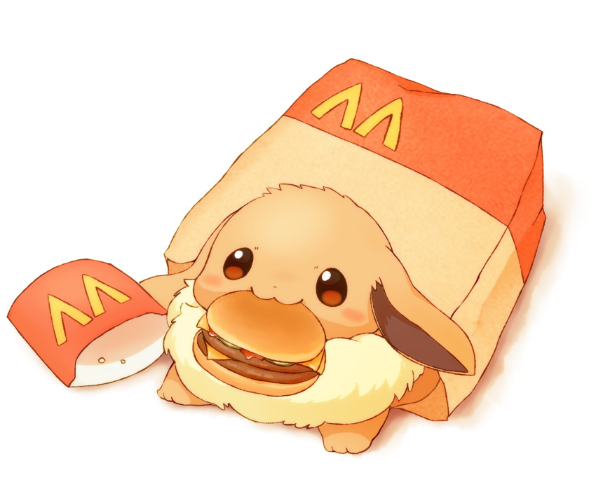 Safebooru - bag burger eevee food highres holding looking at viewer mcdonald's mimix mouth hold ...