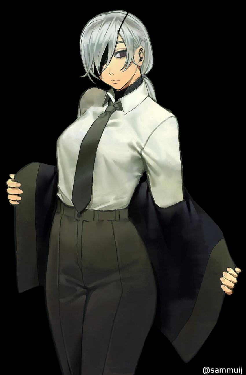 Safebooru - 1girl black background black choker black jacket black necktie black pants brown ...