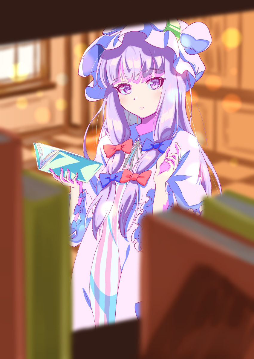 Safebooru - 1girl absurdres blue bow blurry blurry background blurry foreground bokeh book ...