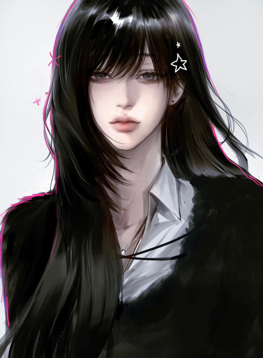 Safebooru - 1girl black hair black sweater closed mouth collarbone collared shirt commentary ...