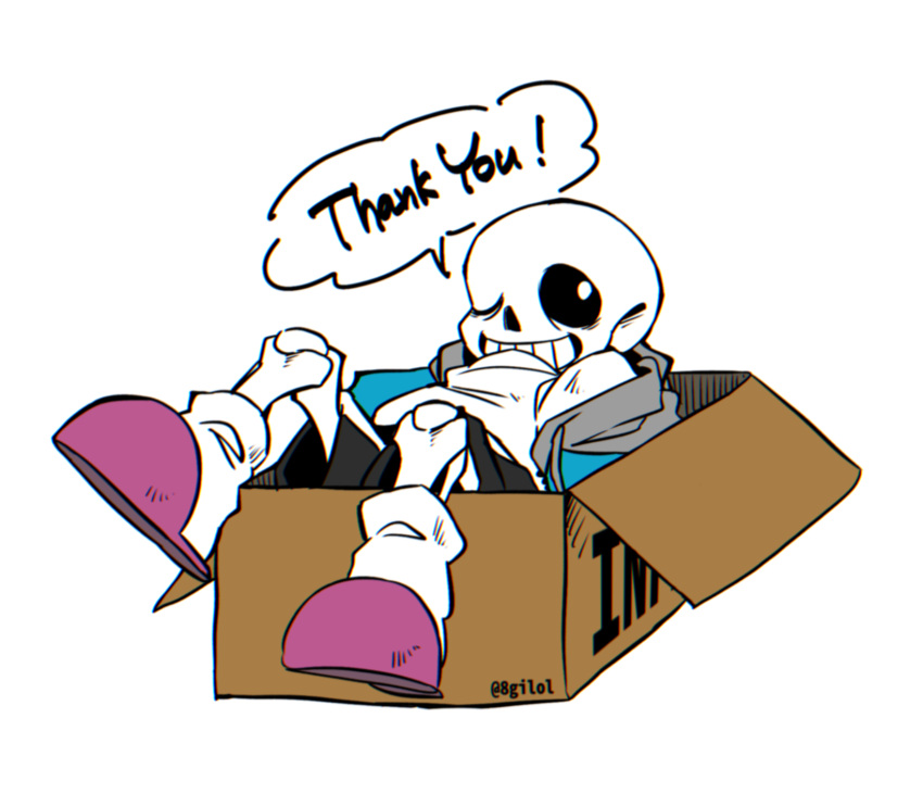 Safebooru - 1boy black shorts box cardboard box english text gloves grin highres hollow eyes ...