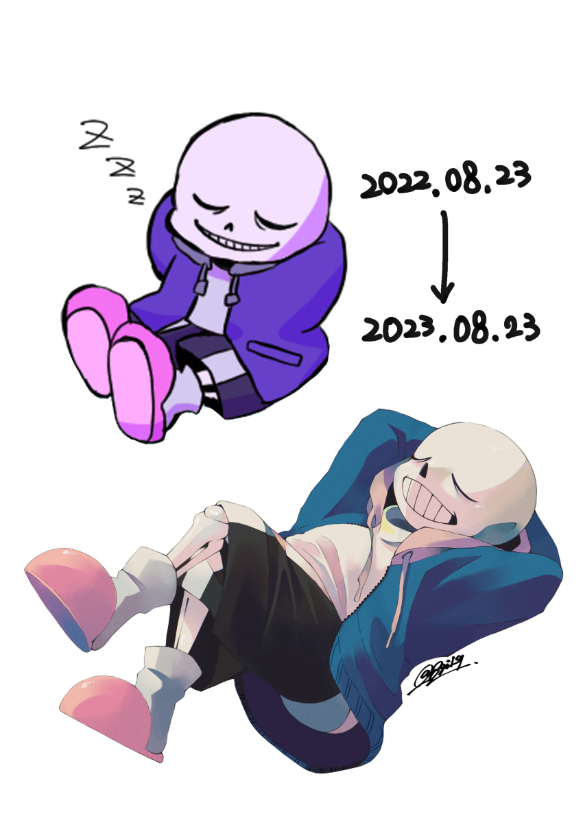 Safebooru - 1boy absurdres arms behind head black shorts blue jacket closed eyes full body ...