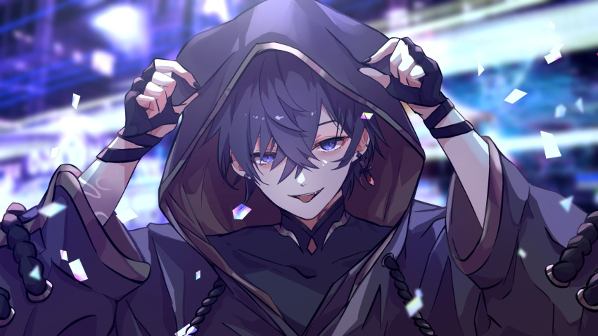Safebooru - 1boy arms up black gloves black hair black hoodie black nails black shirt blurry ...