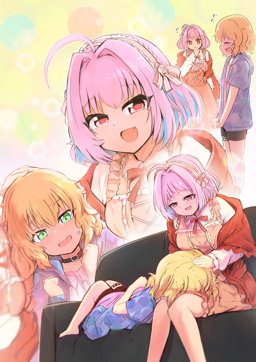 Safebooru - absurdres blonde hair body switch commission couch green eyes headpat highres icarus ...