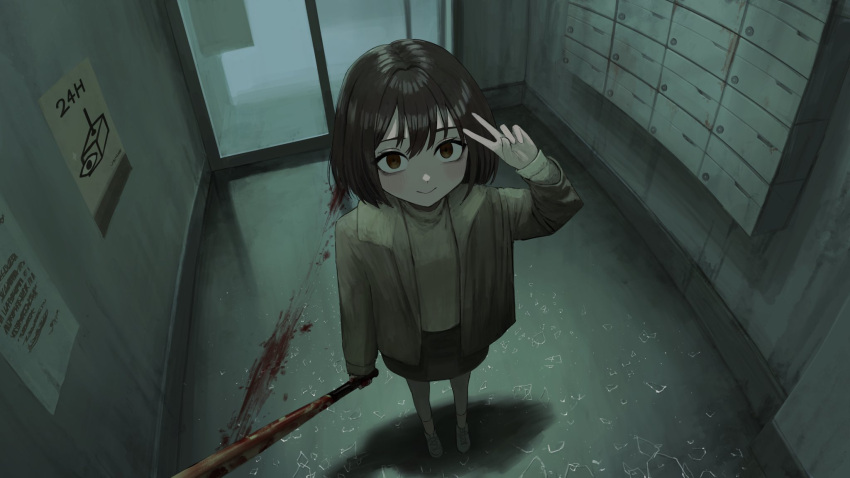 Safebooru - 1girl bags under eyes baseball bat black hair black skirt blood blood on weapon ...
